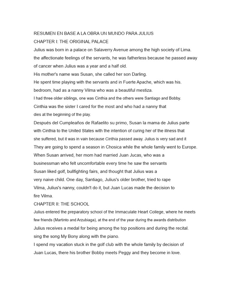 Summary Based On The Work A World For Julius | PDF