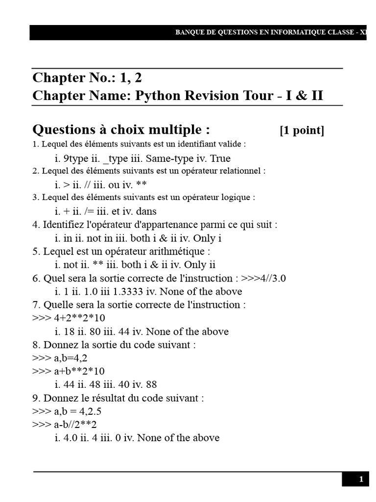 Chapitre 1 Et 2 - Révision de Python Tournée I Et II PDF | PDF ...