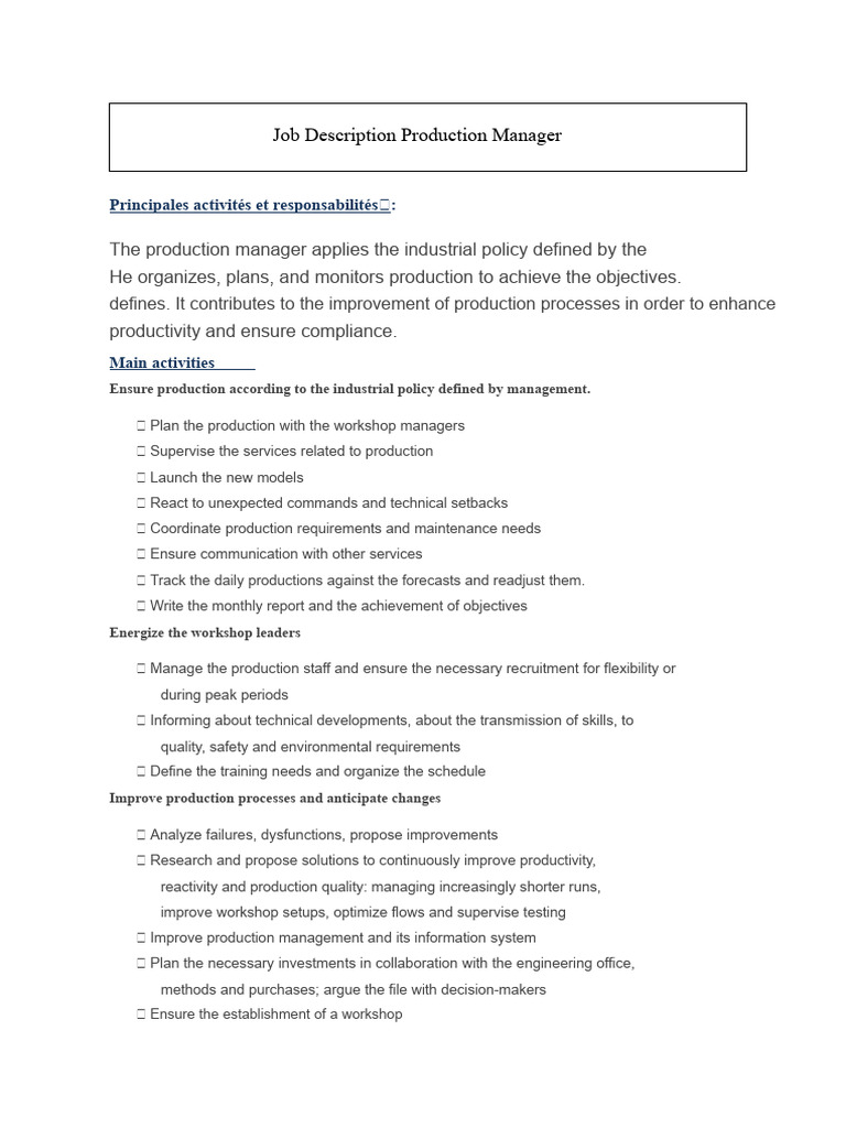 Production Manager Job Description | PDF