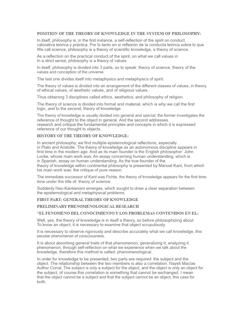 Position of The Theory of Knowledge in The System of Philosophy | PDF ...