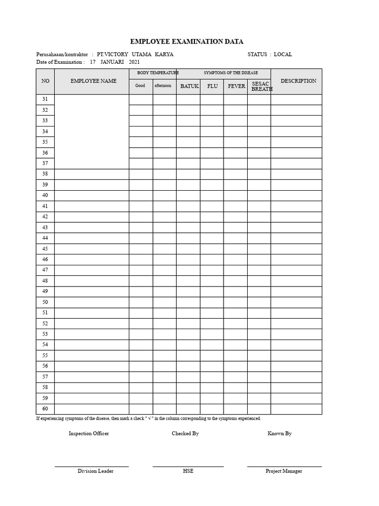 Employee Health Examination Form JAN 21 | PDF | Medicine | Diseases And ...