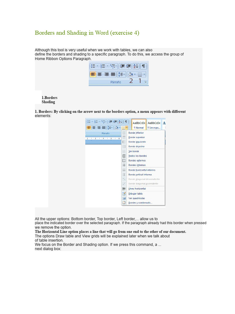 Reading - Borders and Shading. Numbering and Bullets in Word | PDF ...