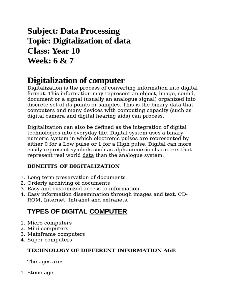 Year 10 Weeks 6 & 7 Data Processing on Digitalization of Data | PDF ...