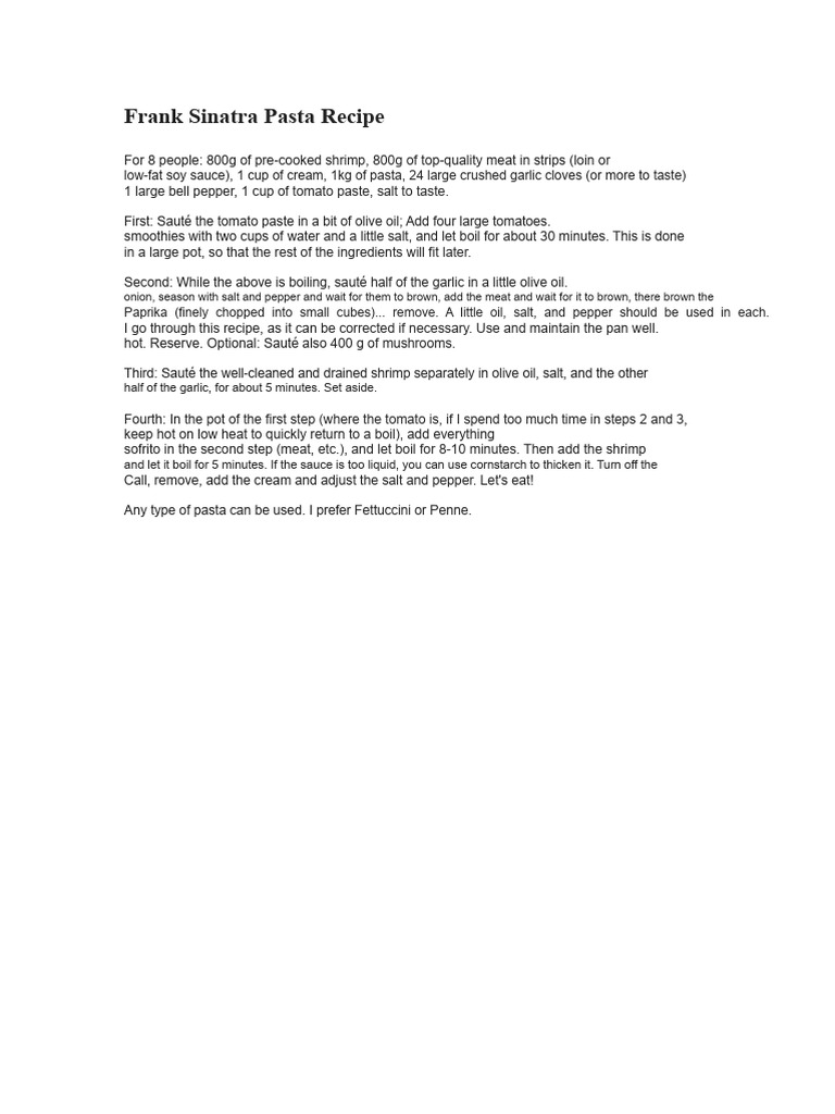 Frank Sinatra Pasta Recipe | PDF