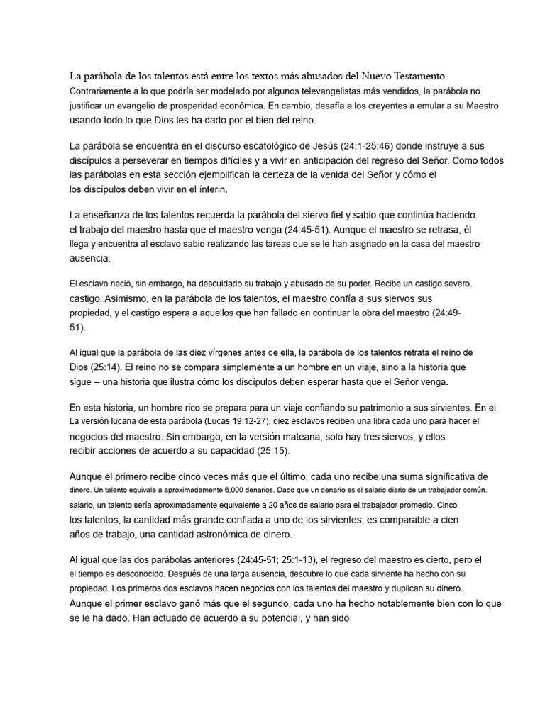 La Parábola de Los Talentos | PDF | Parábolas de Jesús | Jesús