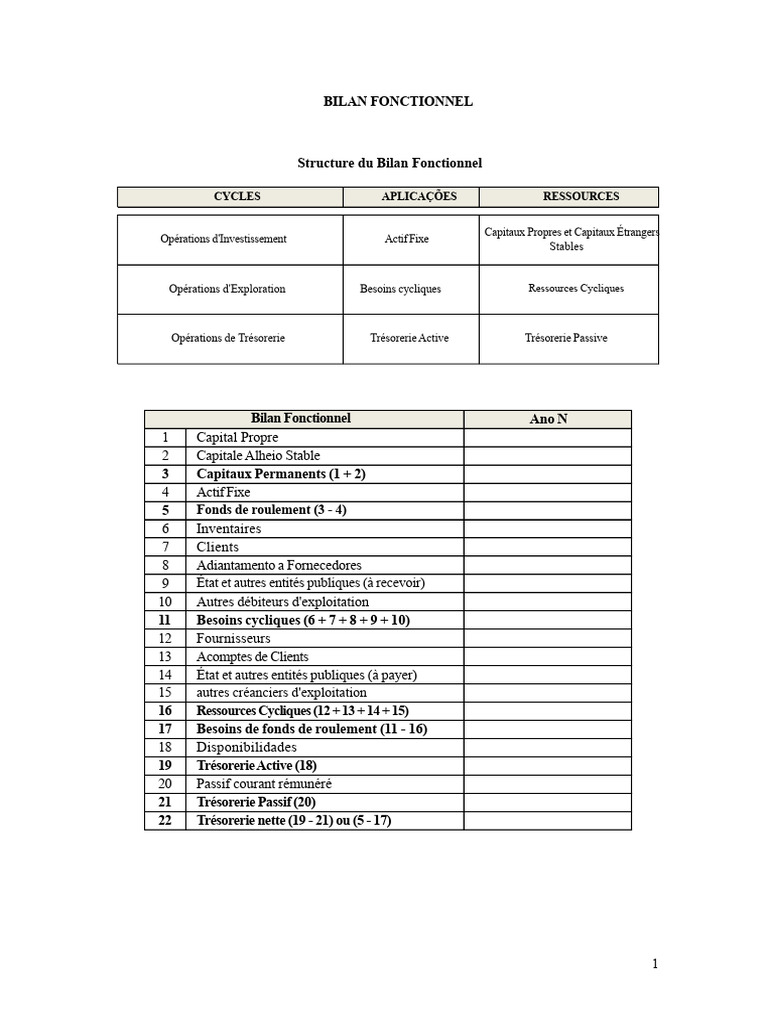 Structure et Concepts du Bilan Fonctionnel | PDF | Capitaux propres ...
