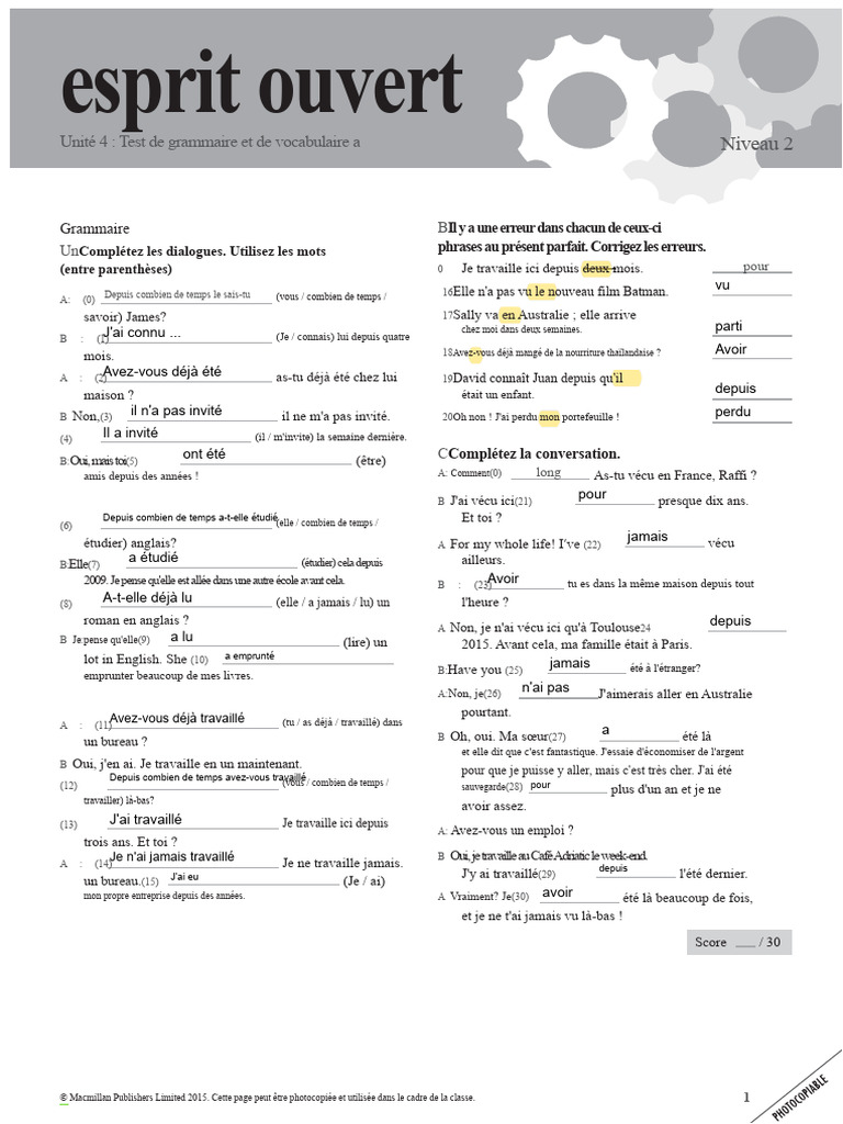 Openmind 2 Unité 4 Test de Grammaire Et de Vocabulaire A | PDF | Nature ...