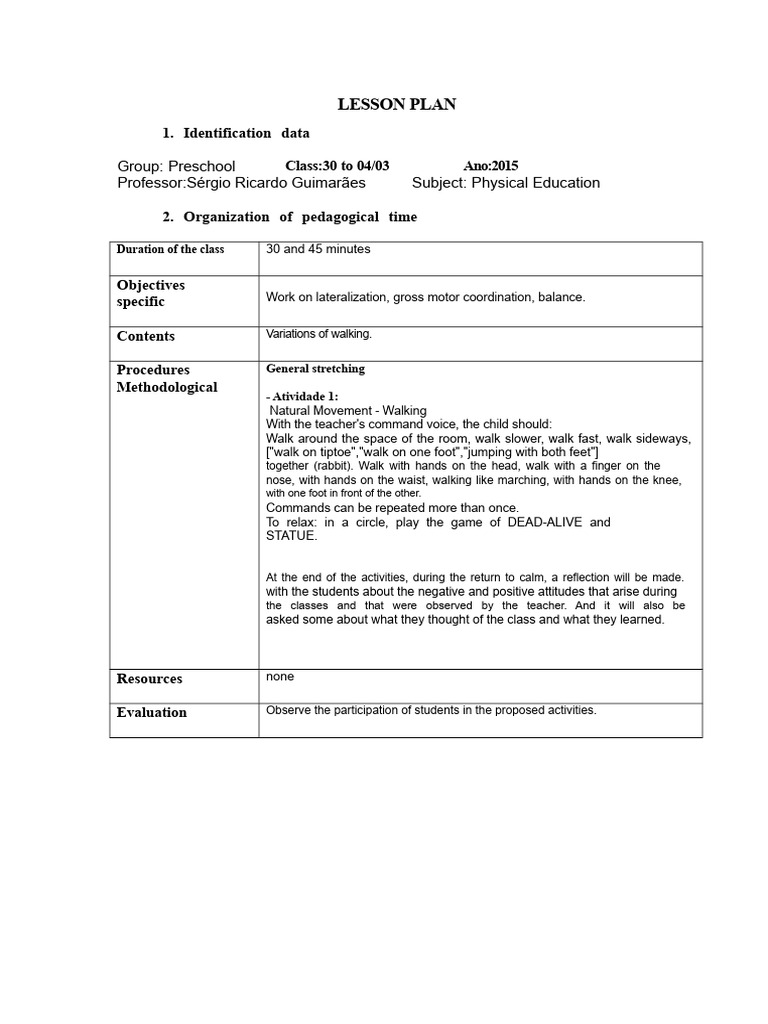 Physical Education Lesson Plan Early Childhood Education | PDF