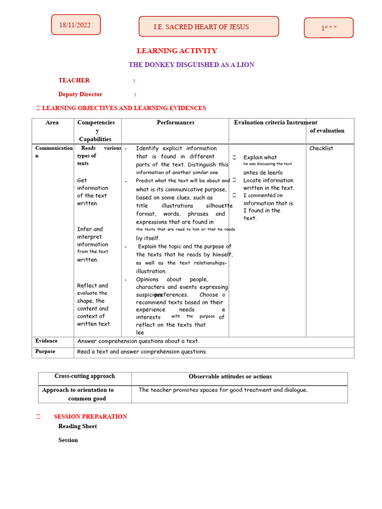 Donkey Disguised as Lion Lesson Plan | PDF | Reading Comprehension ...
