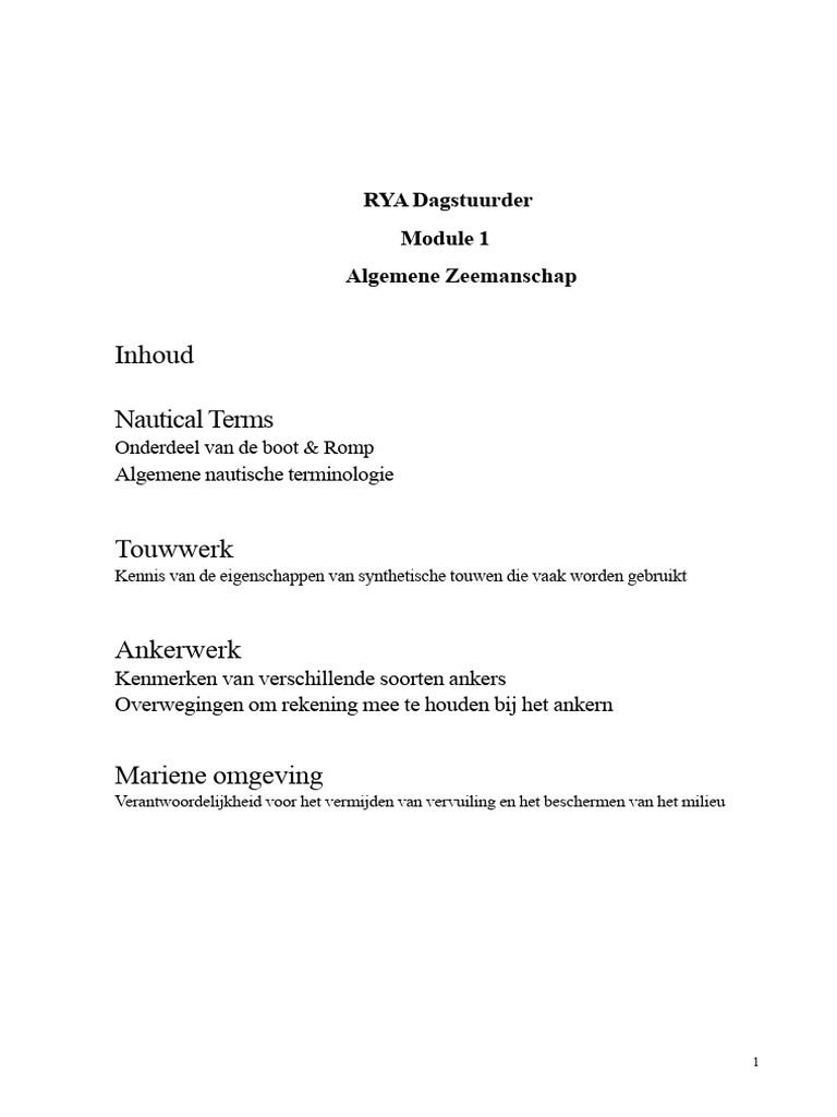 RYA Dag Schipper Module 1 Algemene Zeemanschap | PDF