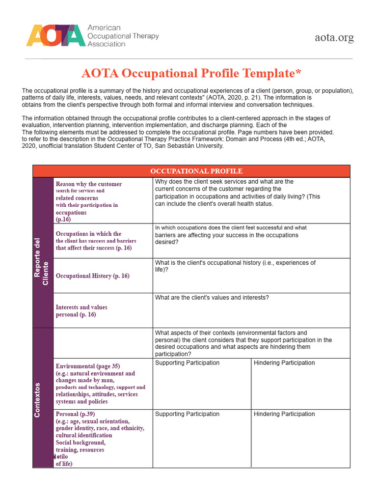Occupational Profile Template AOTA 2020, Translated | PDF ...