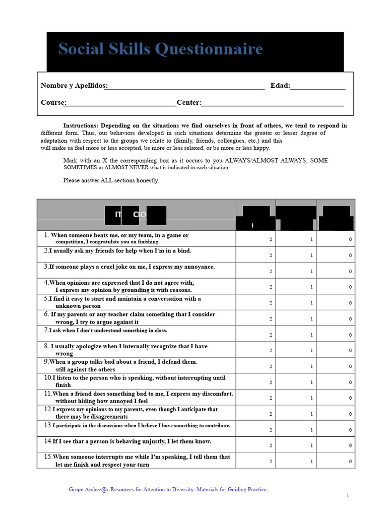 Social Skills Assessment Questionnaire | PDF | Questionnaire | Social ...
