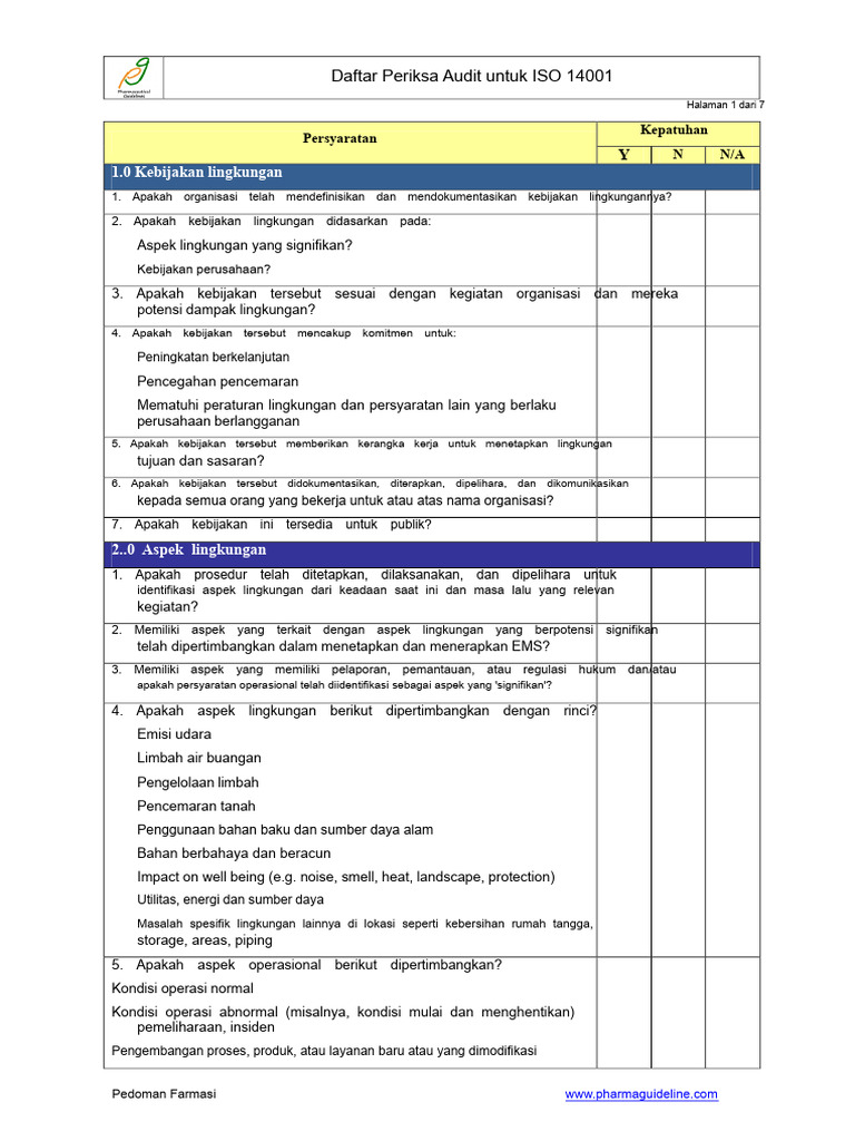 Daftar Periksa ISO 14001 | PDF