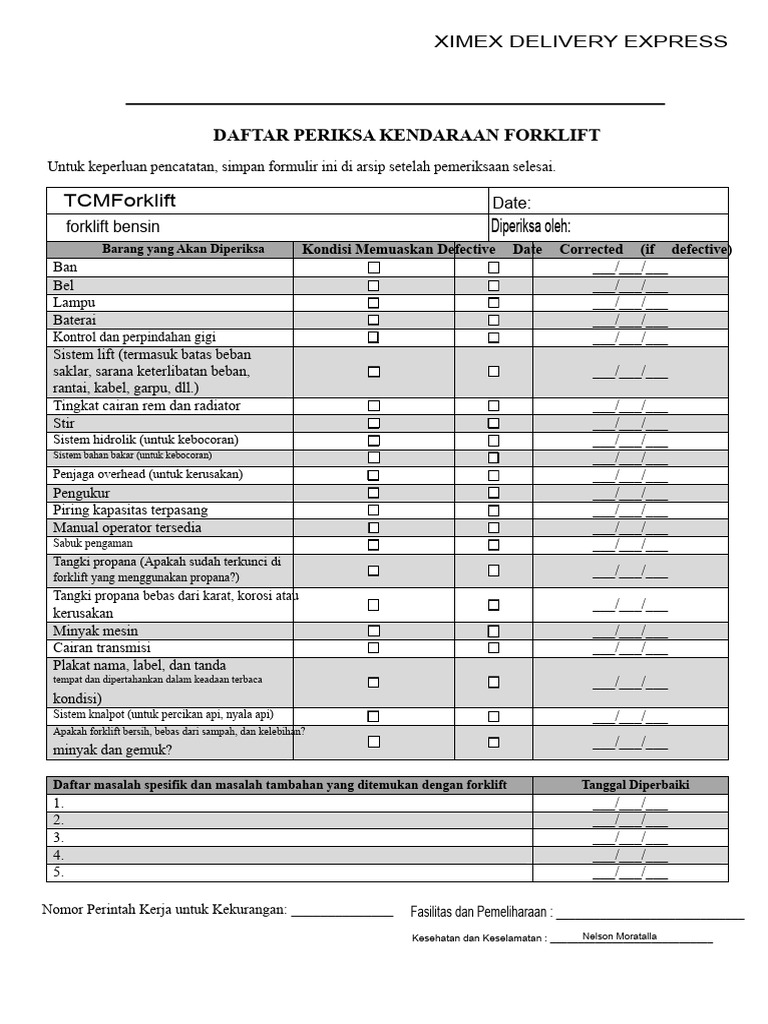 Daftar Periksa Forklift Ximex Express | PDF