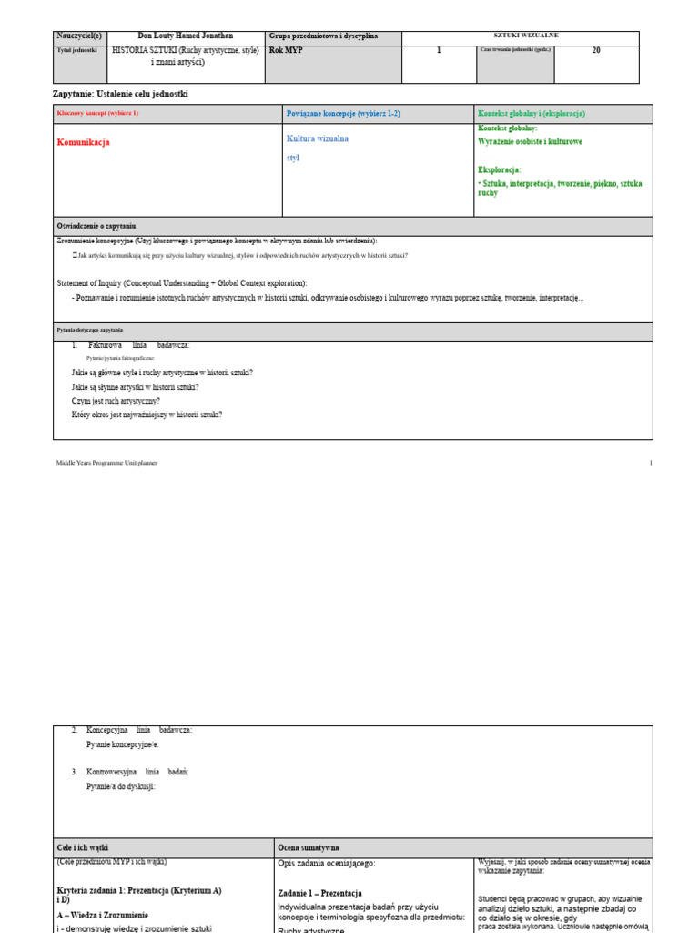 Plan Jednostki - MYP 1 | PDF