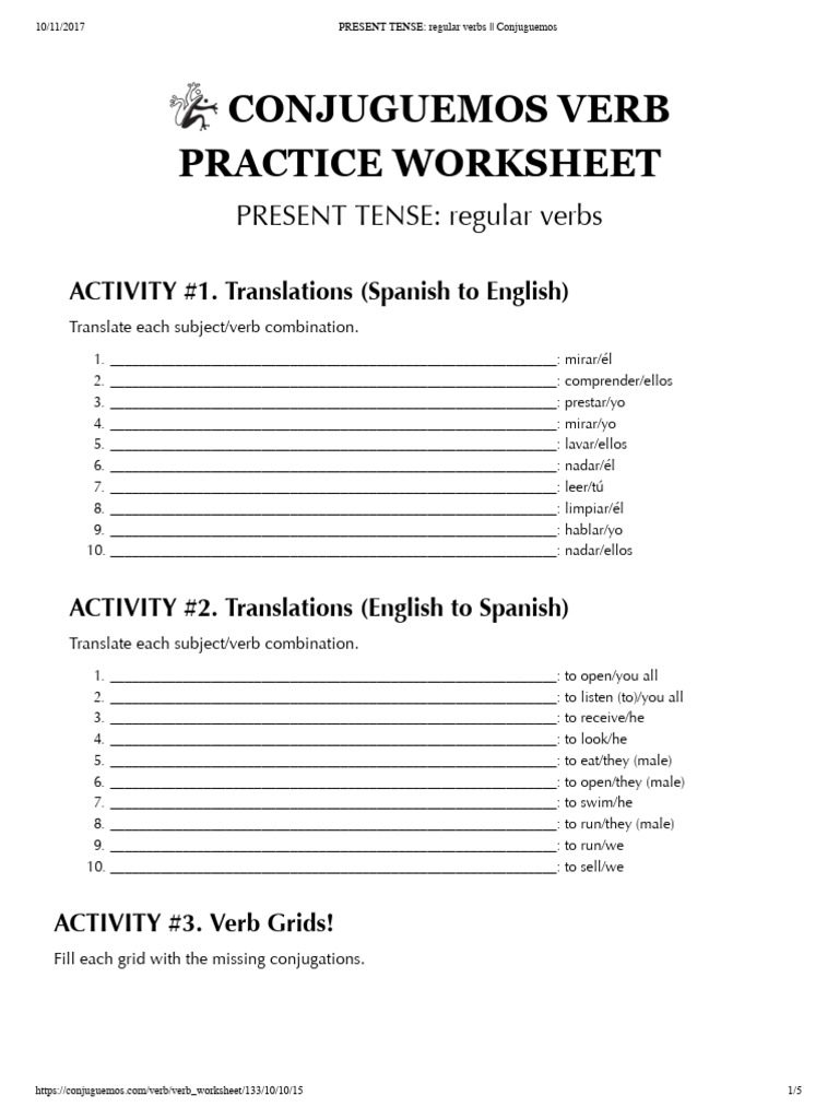 Present Tense - Regular Verbs Conjuguemos | PDF
