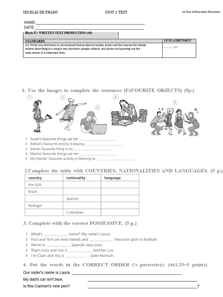 1st Year of Secondary Education UNIT 1 TEST B | PDF | English Language ...