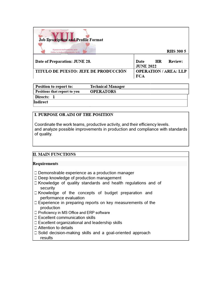 Job Description and Profile Format For Production Manager | PDF | Economies | Business Economics