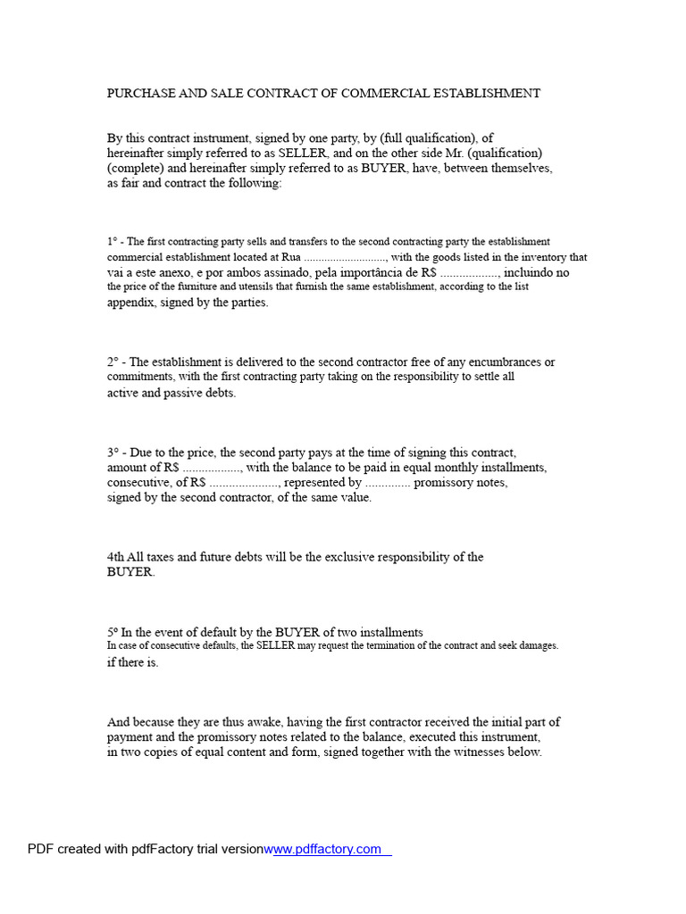 Commercial Establishment Sale Contract | PDF | Promissory Note | Prices
