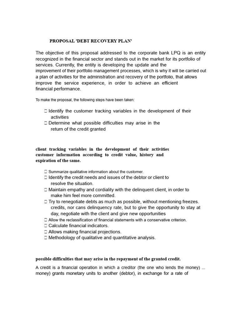 Debt Recovery Plan Proposal for LPQ Bank | PDF | Debt | Credit