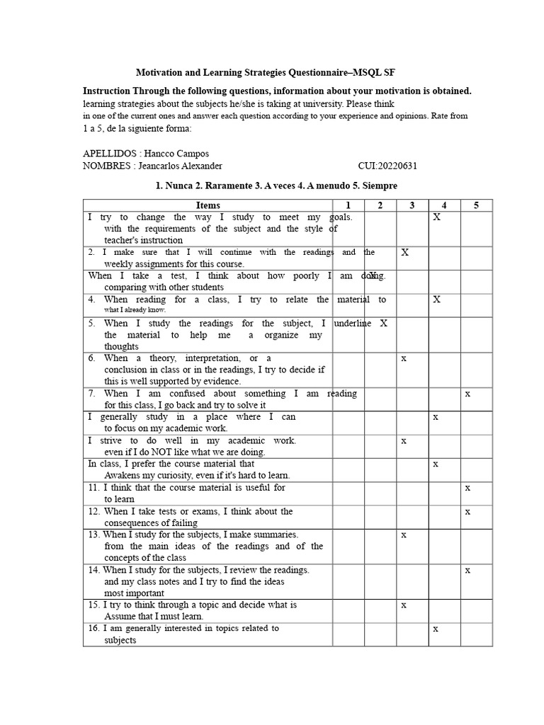 Motivation and Learning Strategies Questionnaire - MSQL SF | PDF ...