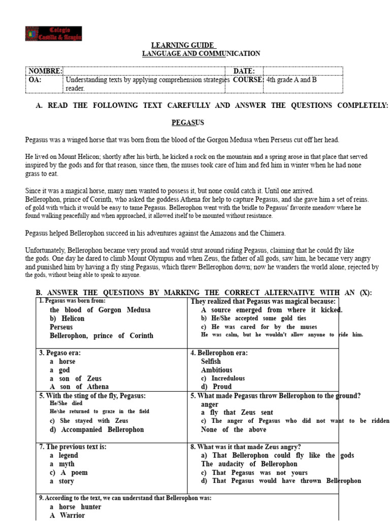 Reading Comprehension, Myth, Pegasus | PDF | Medusa