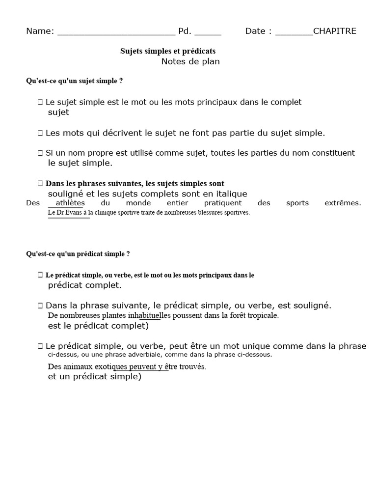 Sujets et Prédicats Simples en Français | PDF | Sujet (Grammaire ...