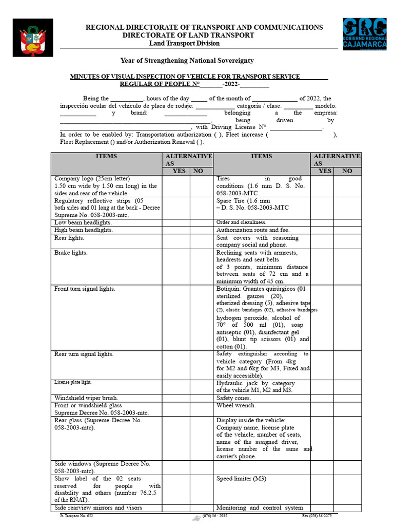 Vehicle Visual Inspection Report For Personnel Transport | PDF ...
