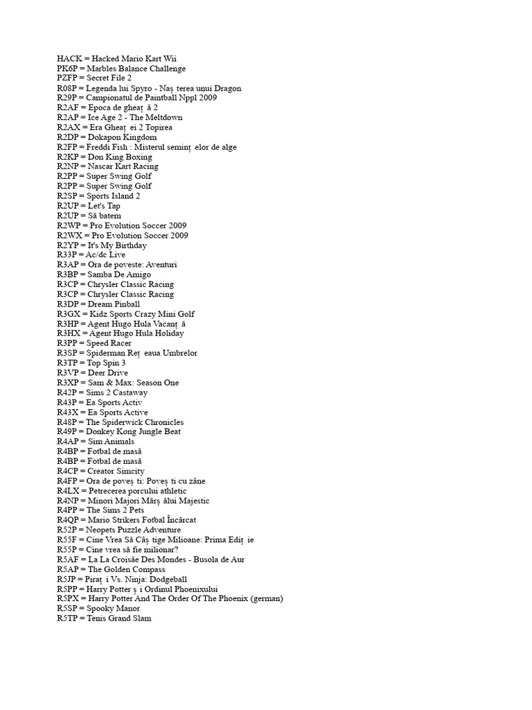 Wii Game Titles and Codes List | PDF