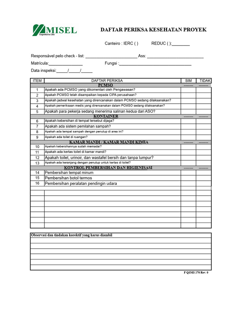 F QSMS 270 Rev 0 - Daftar Periksa Kesehatan Proyek | PDF