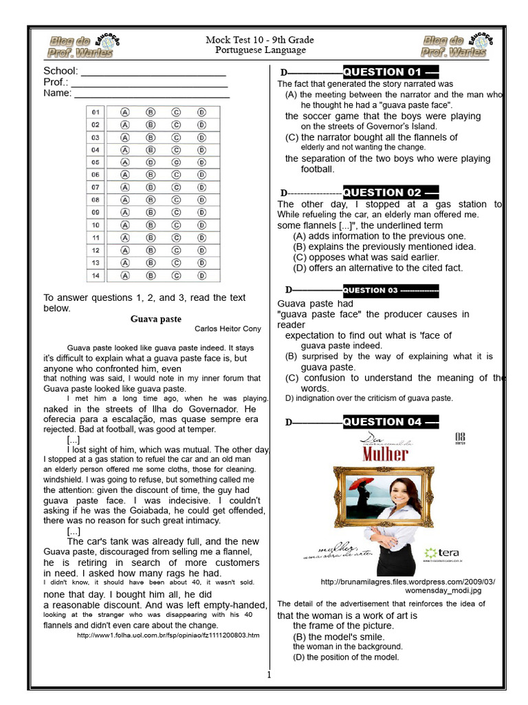 9th Grade Portuguese Mock Test 10 | PDF | Tropics | Brazil