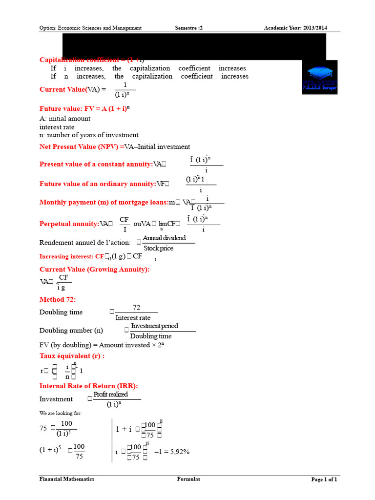 Summary of Algebra and Financial Mathematics S2 | PDF