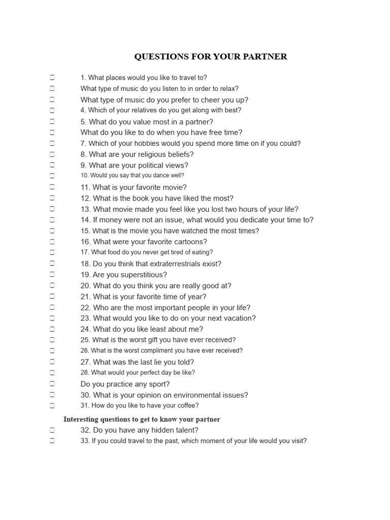 100 Questions to Know Your Partner | PDF