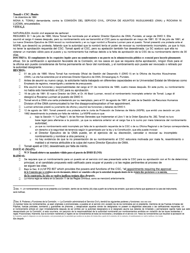 Tomali Contra CSC | PDF