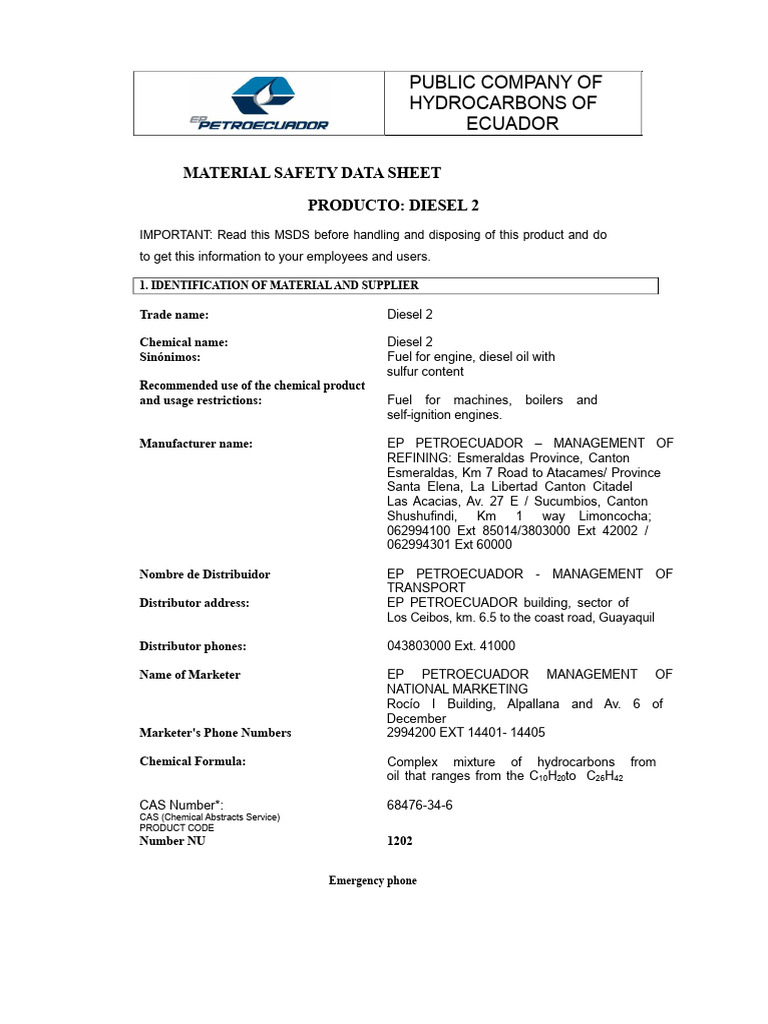 Diesel 2 MSDS for Ecuador | PDF | Dangerous Goods | Personal Protective ...