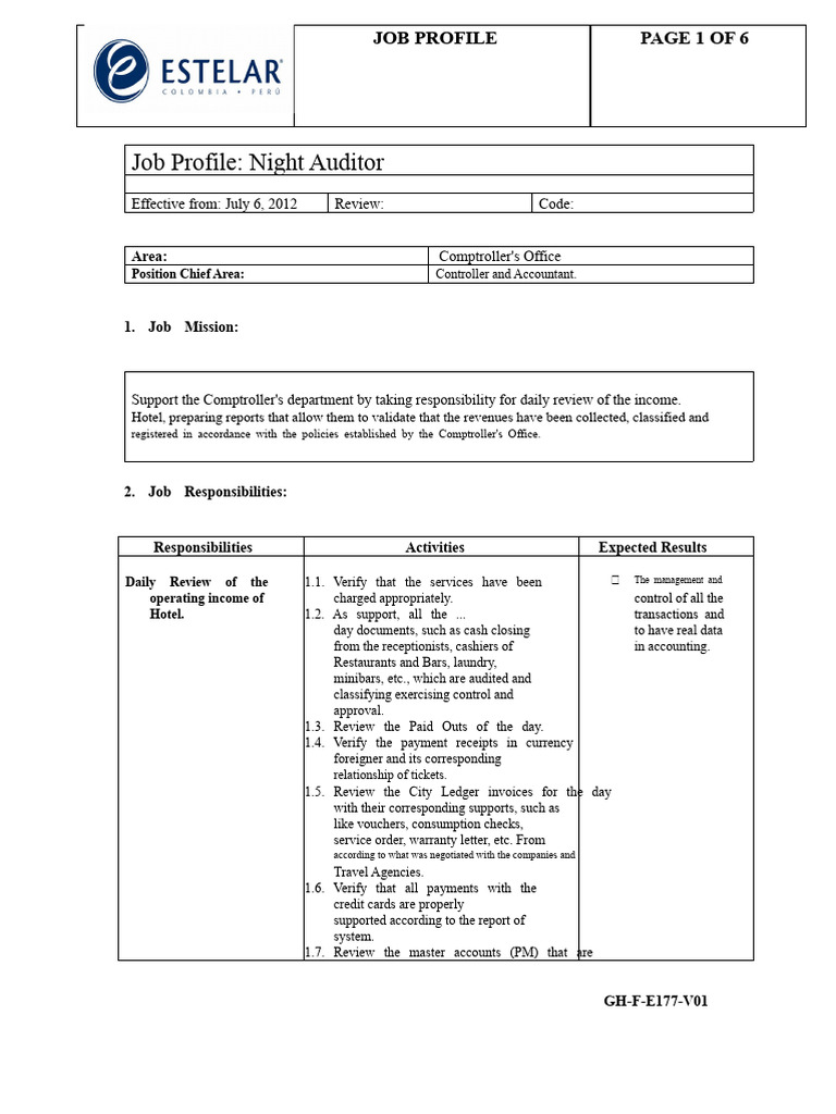 Night Auditor Job Profile Overview | PDF | Corporate Social ...