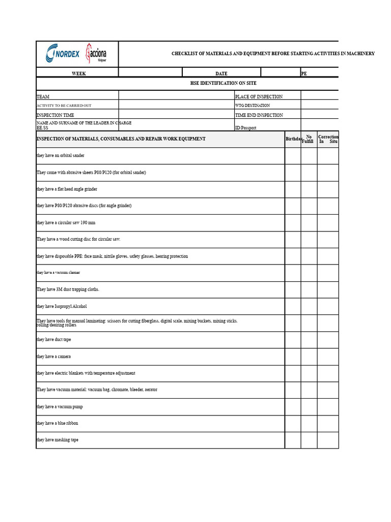 Check List INSPECTIONS OF MATERIALS, EQUIPMENT, AND CONSUMABLES | PDF ...