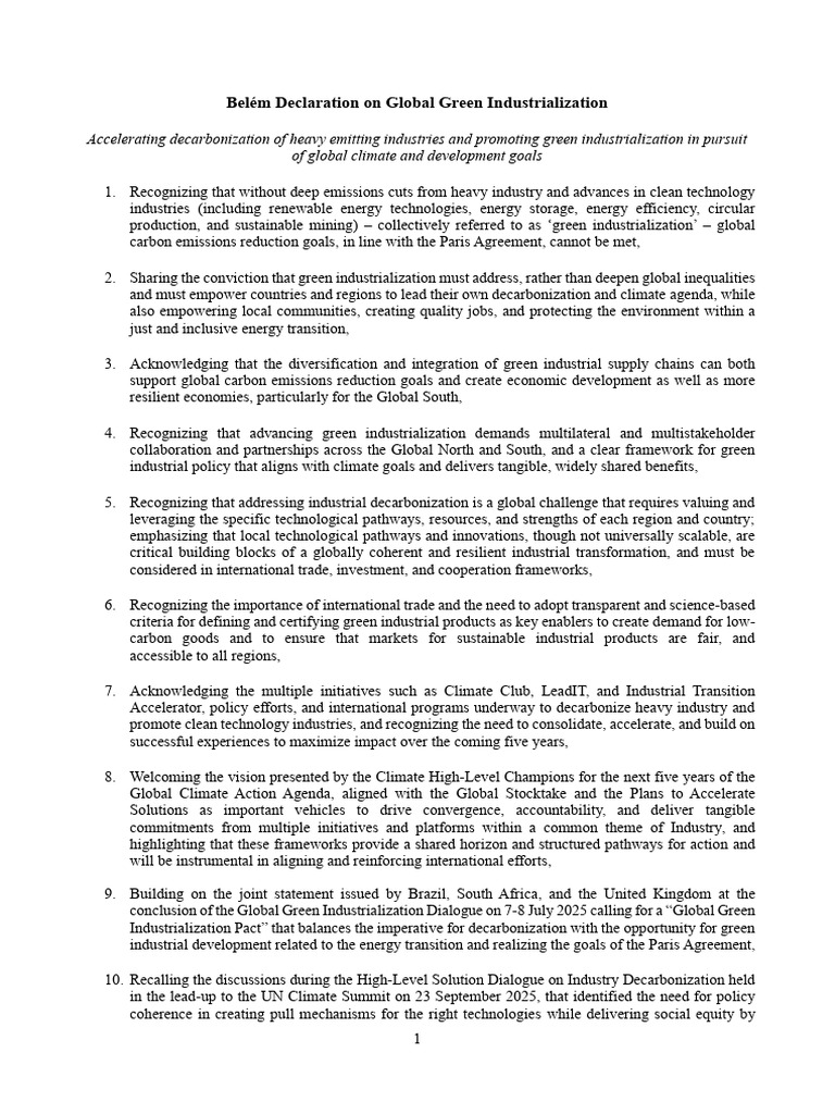 Belém Declaration on Green Industrialization | PDF | Climate Change ...