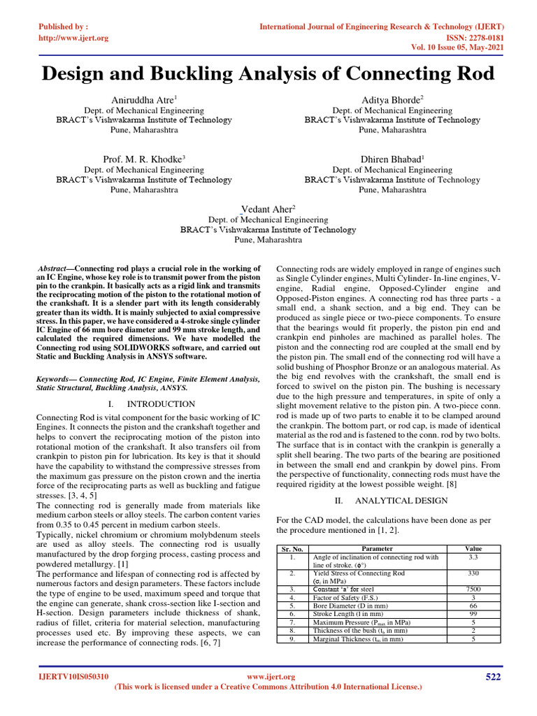 Connecting Rod Design and Analysis | PDF | Piston | Buckling