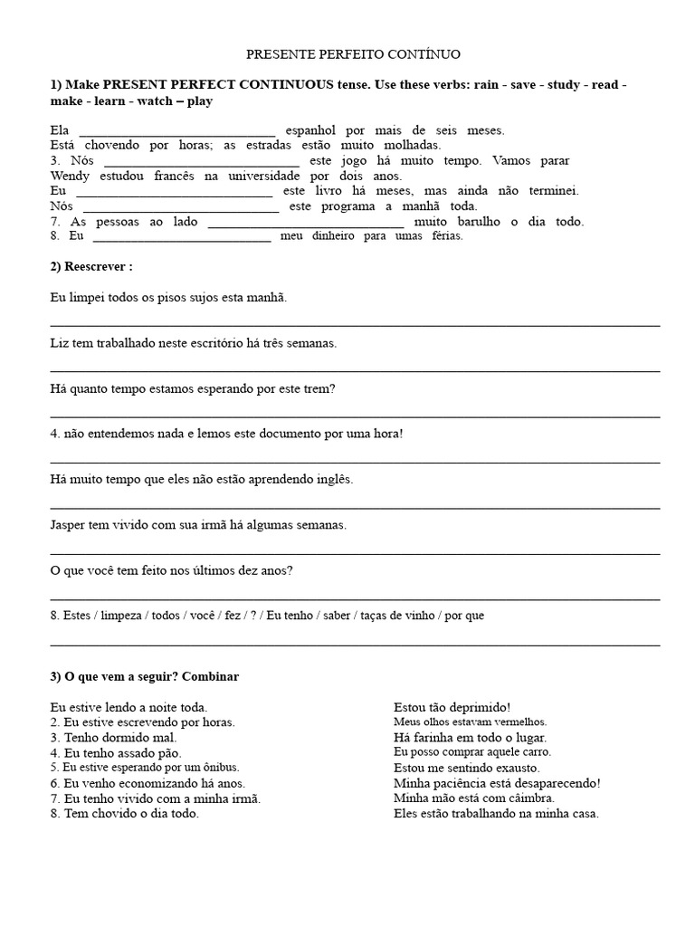 Exercício de Presente Perfeito Contínuo - Recursos de Ensino de Língua ...