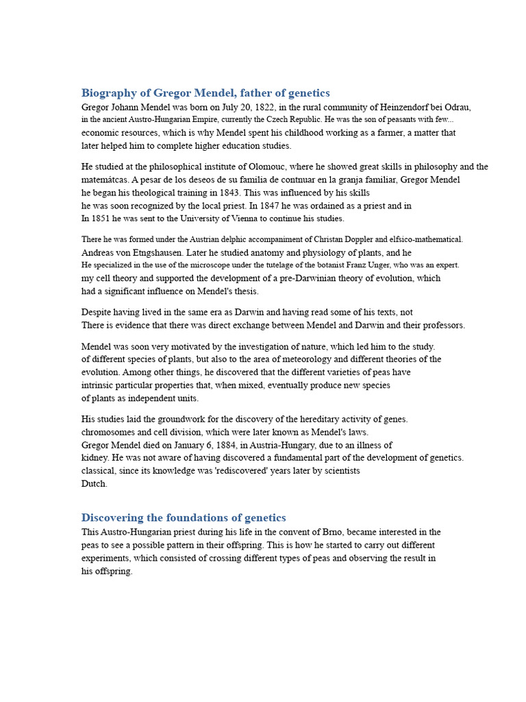 Biography of Gregor Mendel | PDF | Heredity | Genetics