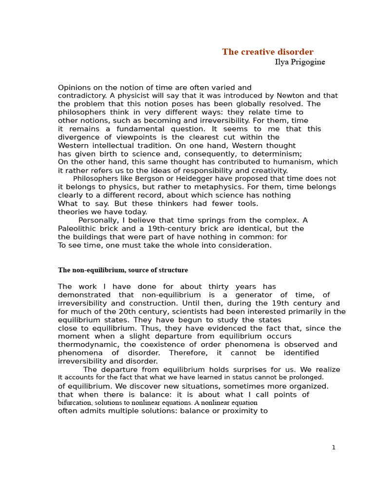 The Creative Disorder. Ilya Prigogine | PDF | Non Equilibrium ...