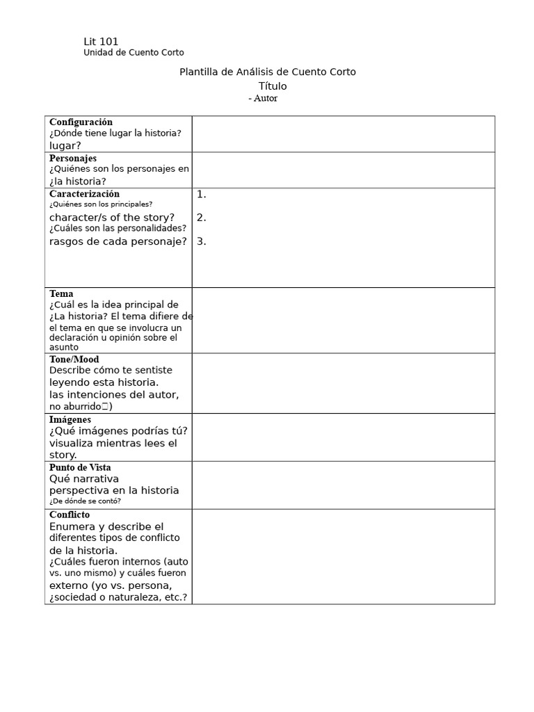 Análisis de Cuento Corto en Lit 101 | PDF