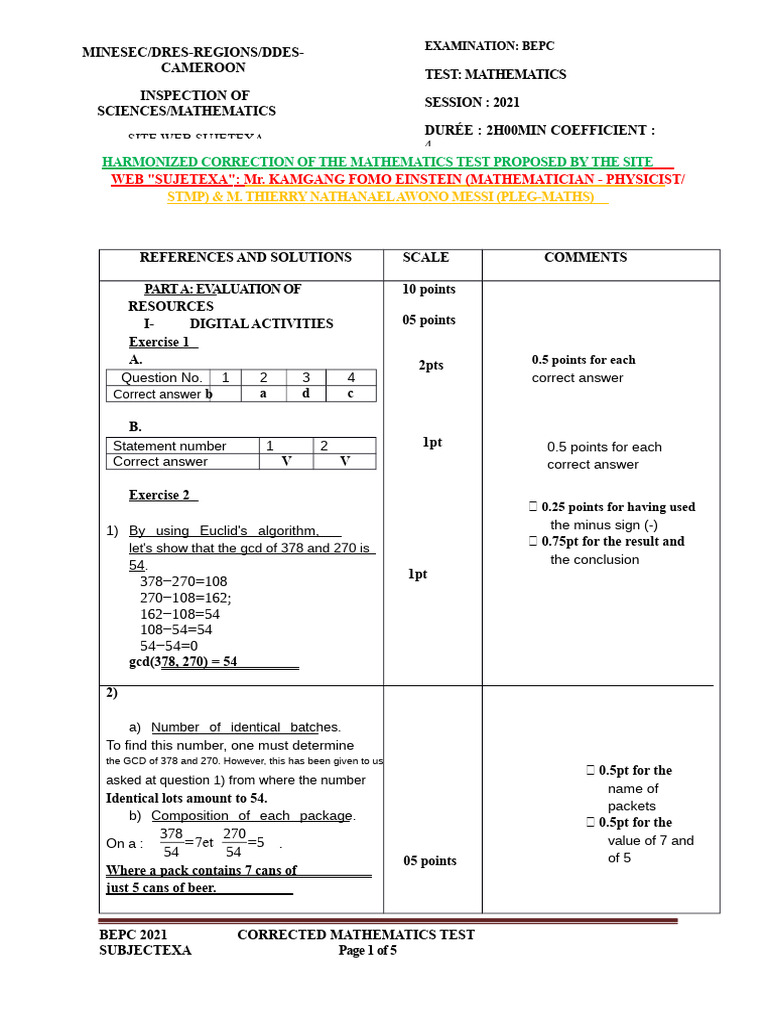 Corrected Final BEPC 2021 1 | PDF | Elementary Mathematics | Mathematics
