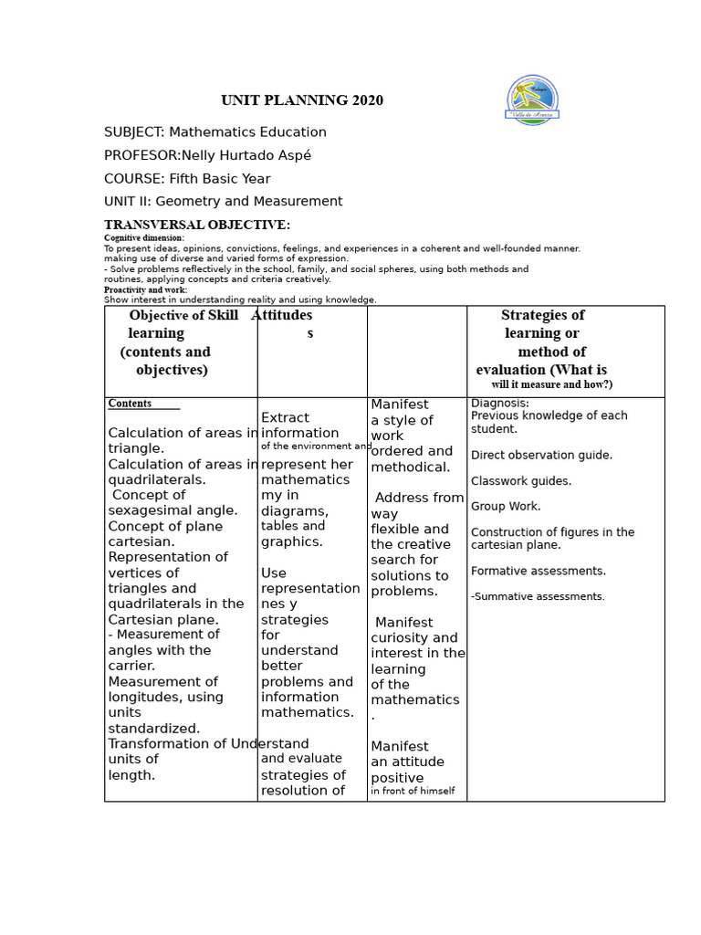 Geometry Unit Plan for Fifth Grade | PDF | Area | Cartesian Coordinate ...