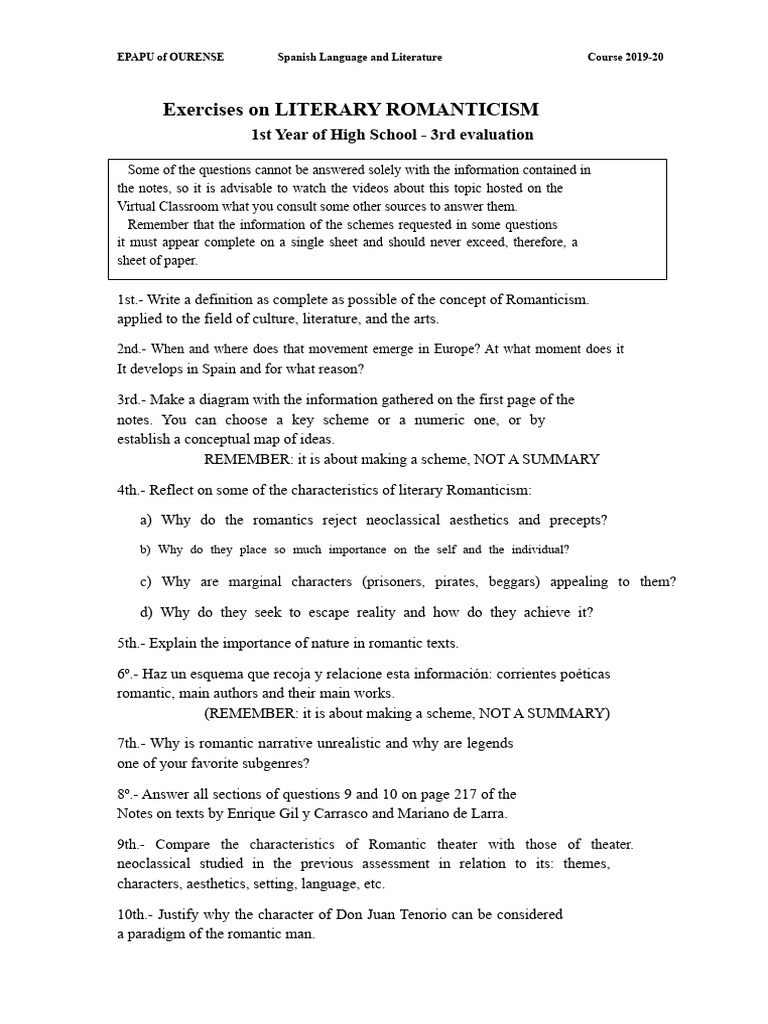 Literary Romanticism Exercises for High School | PDF