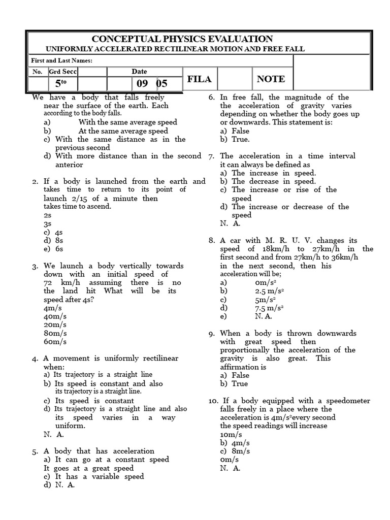 Conceptual Evaluation of Physics Free Fall | PDF | Acceleration | Speed