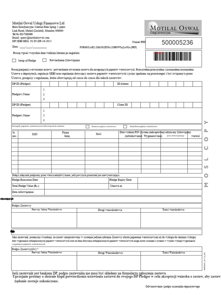 Formularz Wniosku o Zobowiązanie MOSL | PDF