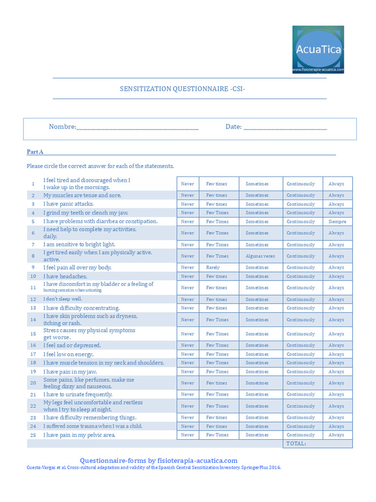 Central Sensitization Questionnaire | PDF | Medical Specialties ...