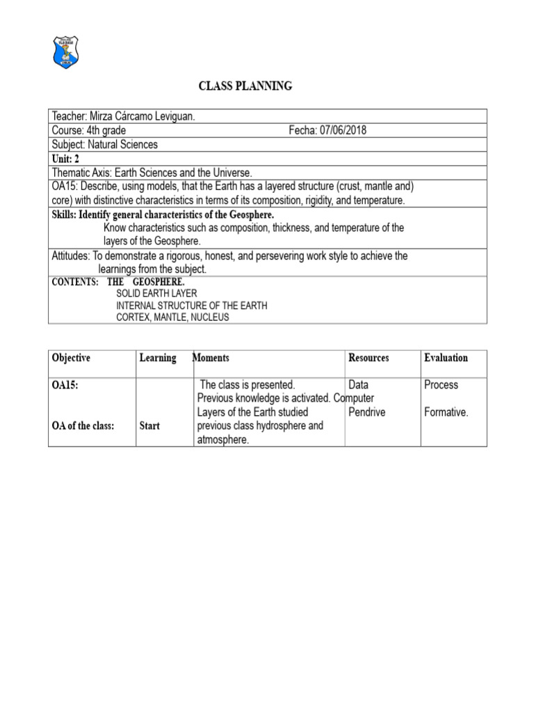 4th Grade Geosphere Class Plan | PDF | Earth | Planets Of The Solar System